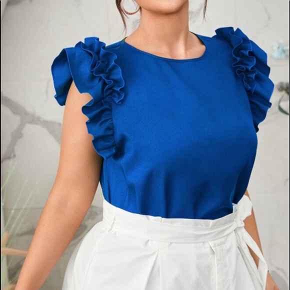 Tops | Plus Size Ruffle Cap Sleeve Office Work Top Blouse Blue | Poshmark